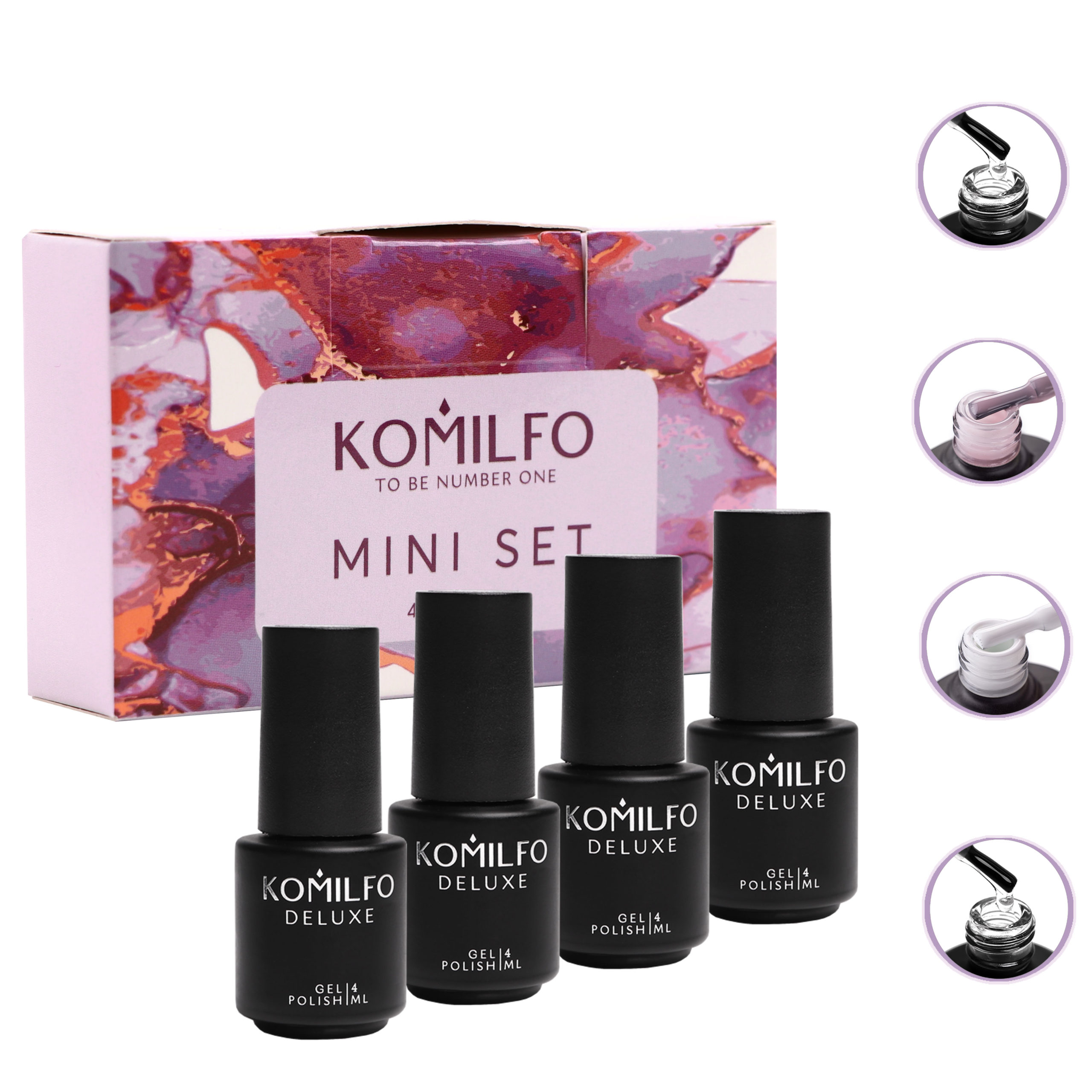 Komilfo Mini Set 001, 4 ml (Rubber Base, F004, F010, No Wipe Top with UV Filters) – Komilfo.ua